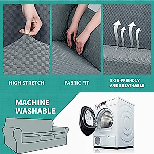 YEMYHOM Latest Checkered 3 Pieces Couch Covers for 2 Cushion Couch High Stretch Sofa Cover with 2 Extra Large Seat Cushion Covers Anti Slip Elastic Slipcovers (Light Gray), 71"-91"(2 CUSHIONS)