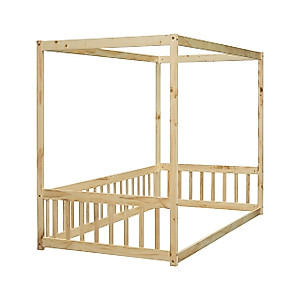 Wood Twin Size Canopy Frame Floor Bed with Fence and Guardrails,for Kids Toddler Boys Girls Teens Bedroom Use (Natural@Fence, Twin)