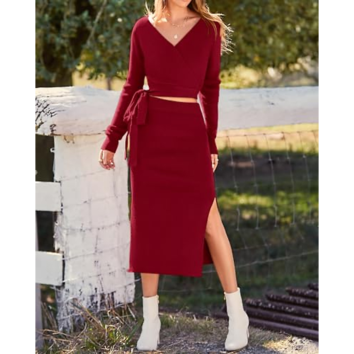 PRETTYGARDEN Women Sexy Sweater Long Sleeve Wrap V Neck Ribbed Knitted Top High Waist Bodycon Two Side Slit Skirt Set(Solid Wine Red,Large)