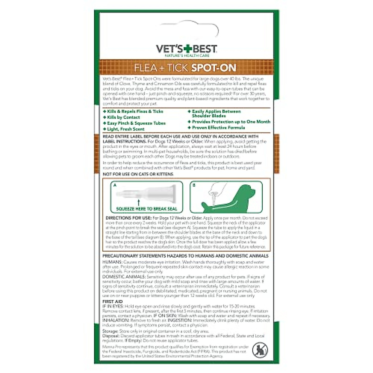 Vet's Best Flea and Tick Spot-on Drops, Topical Flea and Tick Prevention for Dogs - Plant-Based Formula - Certified Natural Oils - for Large Dogs - 4 Month Supply