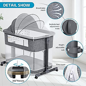 Ixdregan 3 in 1 Bassinet - Baby Bassinet with Comfy Mattress, 2023 New Bassinet Bedside Sleeper, Portable Bedside Bassinet for Baby Girl Boy with Wheels, Easy to Assemble (Grey)