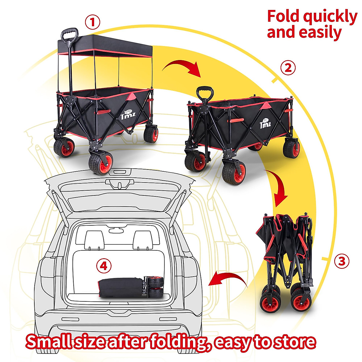 TMZ Collapsible Folding Wagon Cart, Outdoor Utility Garden Cart, Heavy Duty Camping Wagon with Big Wheels，Foldable Wagon for Sports, Shopping, Fishing and Beach(Black/Red)