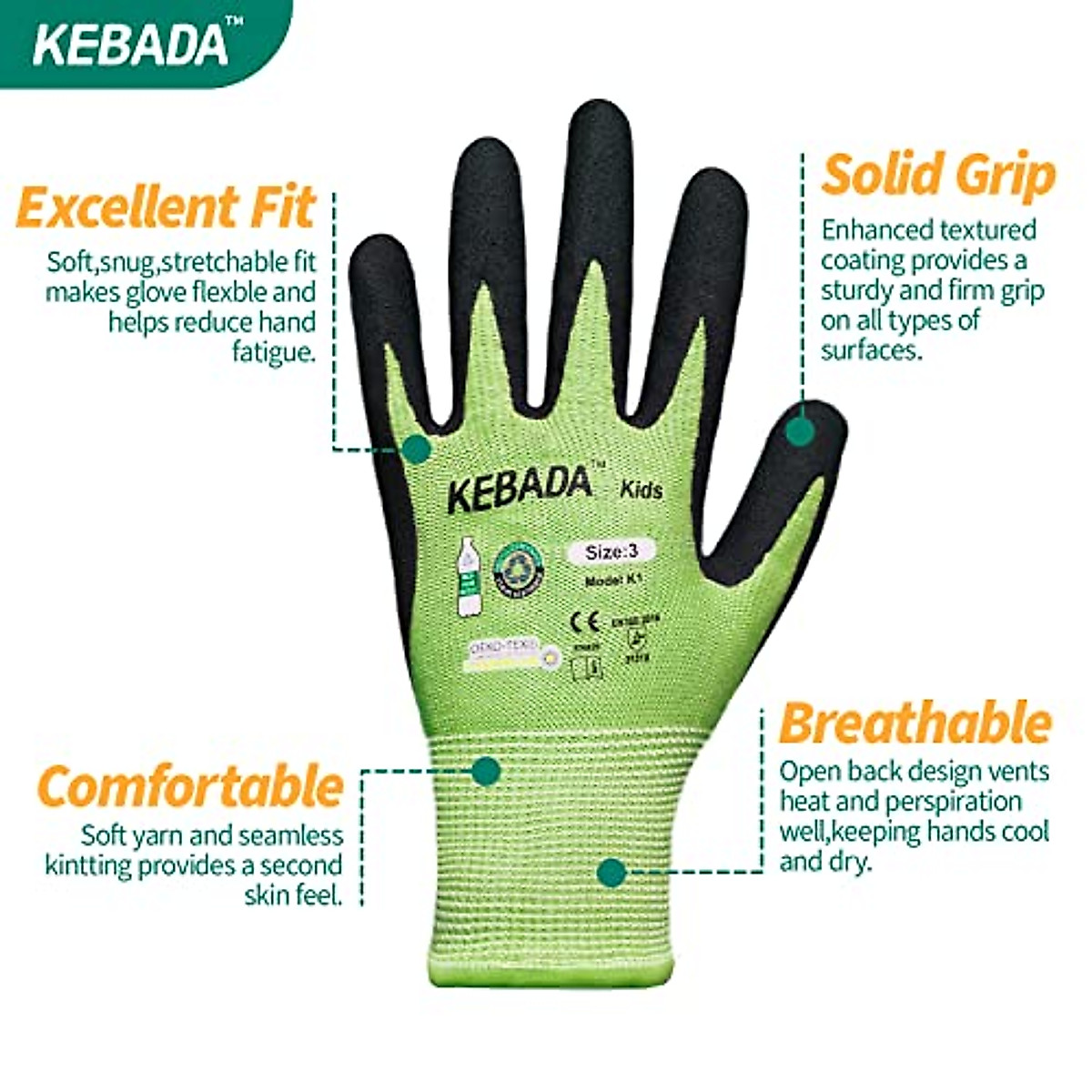 Kebada K Kids Gardening Gloves Bulk Pack,Stretchy Toddler Garden Gloves,Grip Kids Work Gloves for 3-9 Years Old,Green Yellow Pink