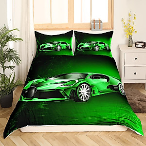 Feelyou Sports Car Duvet Cover Set Green Race Car Bedding Set for Kids Boys Girls Extreme Sports Comforter Cover Cool Speed Luxury Car Decor Quilt Cover Room 3Pcs Full Size,Zipper