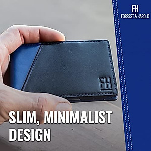 F&H RFID Blocking Slim Bifold Wallet - Dual Tone Minimalist Design for Men - Genuine Top Grain Leather + Stainless Steel Money Clip & 5 Pockets - Hold Up to 10 Cards + Cash - Gift Box Included