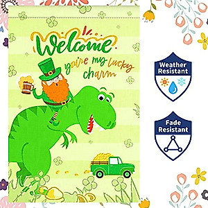 St Patricks Day Garden Flag, 12x18'' Double Sided Welcome Spring Garden Flag with 300D Oxford Cloth Yard Flag,Opawel Green Dinosaur Irish St Patricks Day Flag, Shamrocks St Patricks Decor Accessories