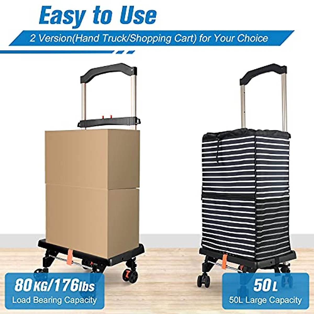 Folding Hand Truck Portable Dolly Utility Cart Rolling Crate with 4 Rotate Wheels 80KG/176Lbs Heavy Duty Handcart Removable Bag Telescoping Handle for Moving Shopping Grocery Office Use(Black&White)