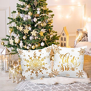 Lanpn White and Gold Bronzing Christmas Throw Pillow Covers 20x20 Set of 4, 20 inch Decorative Xmas Cushion Covers Pillow Cases 20 x 20 for Home Bedroom Room Holiday Couch Decor Decorations