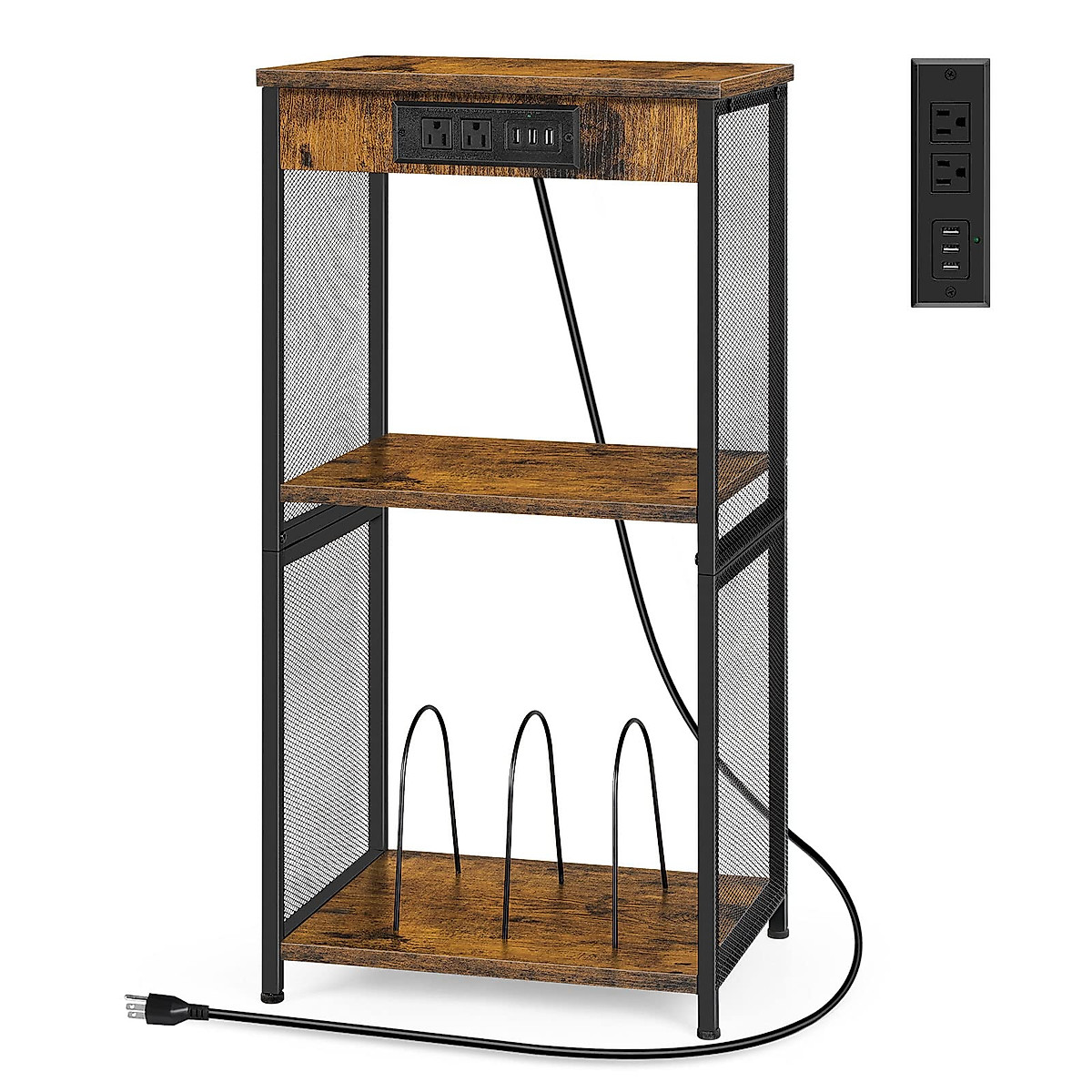 ETELI Record Player Stand with Album Storage Vinyl Record Storage Table with Power Outlet 3 Tier Turntable Stand Industrial Side Table for Living Room Bedroom Office, Brown