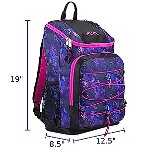 FUEL Wide Mouth Sports Luggage Backpack with Front Bungee and Inner Tech Pocket, Black/Hot Pink/Galaxy Print