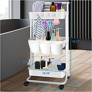 3 Tier Utility Rolling Cart - Storage Cart Organizer Cart Kitchen Cart Makeup Cart 3 Shelf Baby Tray Cart with Hanging Cups Trolley Handles and Wheels Use for Bathroom Kids Room Bedroom Office (White)