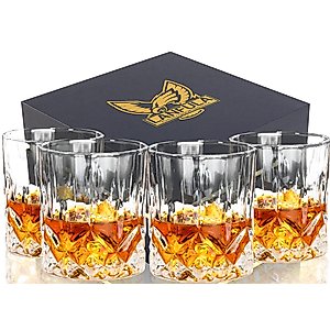 LANFULA Crystal Whiskey Glass, Premium Old Fashioned Glasses Set of 4 In Gift Box. Rocks Tumbler for Drinking Scotch Bourbon Cocktail Whisky 10oz