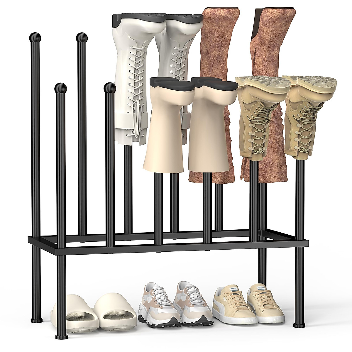 PLKOW Boot Rack Organizer, Metal Free Standing Shoe Racks for Tall Boots, 2 Tier Boot Holder Fits for 6 Pairs, Boot Storage Organizer for Entryway, Garden, Outdoor, Bedroom