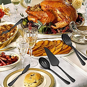 Homikit 6 Pieces Black Serving Utensils, Modern Stainless Steel Serving Hostess Set with Serving Spoons, Serving Fork, Pie Server, Butter Knife, Ice Cream Spoon, Shiny Mirror Polished, Dishwasher Safe