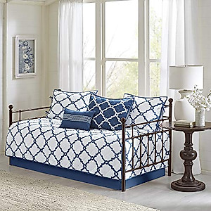 Madison Park Essentials Merritt Reversible Daybed Cover-Fretwork Print, Diamond Quilting All Season Cozy Bedding with Bedskirt, Matching Shams, Decorative Pillow, 75"x39", Navy 6 Piece