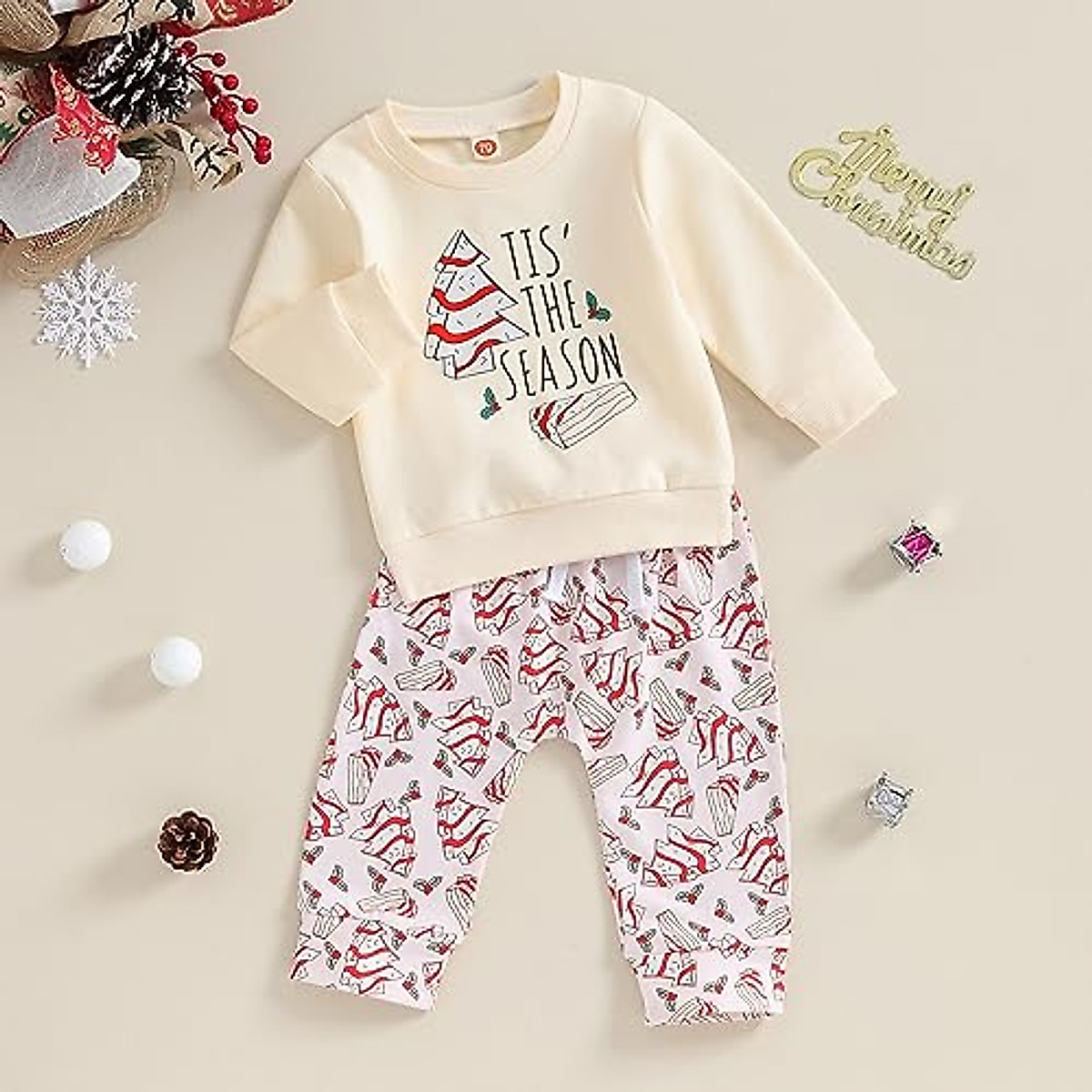 Infant Toddler Baby Boy Girl Christmas Outfit Tis The Season Sweatshirt Top Christmas Tree Cake Pants Set My 1st Xmas Clothes (Beige, 18-24 Months)