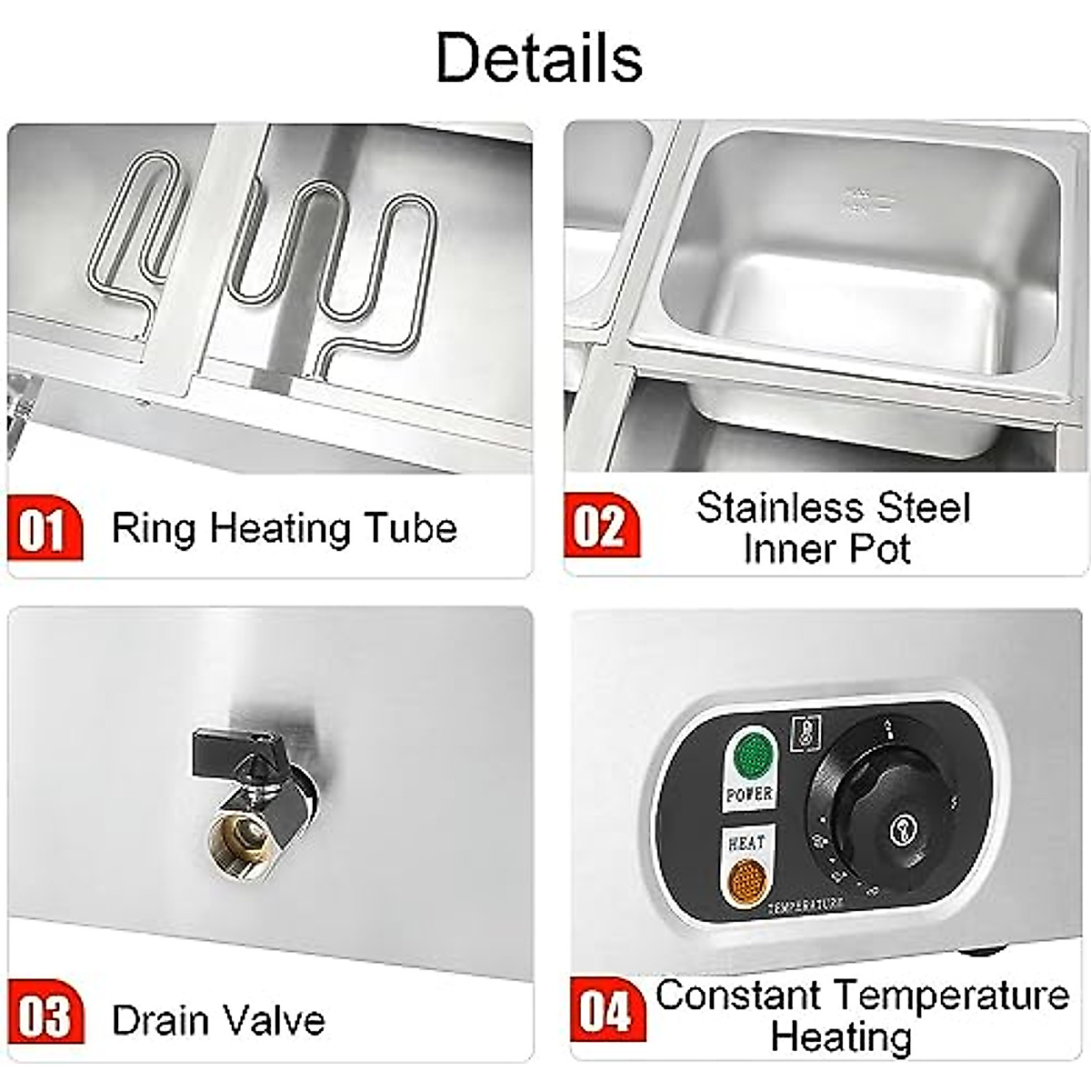 Commercial 1500W Electric Food Warmer, Stainless Steel Steam Table Buffet Server Food Warming Tray, Temperature Control, for Catering and Restaurants