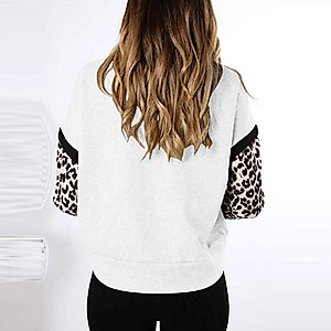 Women's Leopard Blouse Patchwork T-Shirt Autumn Pullover Casual Tunic Long Sleeve Tops (White,M)