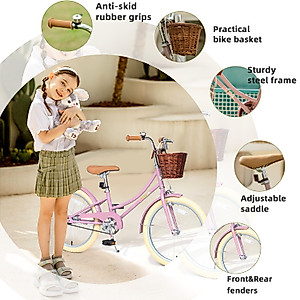 Bixike Retro Design Girls Bike with Basket and Coaster Brake for 3-13 Years Old Kids, 14 16 18 Inch Kids Cruiser Bicycle for Toddlers with Training Wheels, 20 Inch with Kickstand, Multiple Colors
