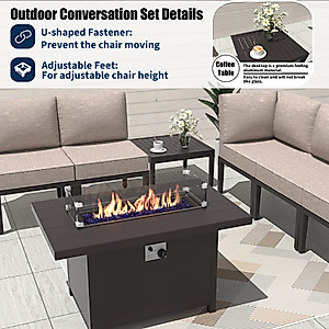 Rwnnad Modern Patio Furniture Set, 15 Pieces Modern Patio Conversation Set w/43in Gas Fire Pit Table, Outdoor Metal Sectional Sofa with Coffee Table, Sand