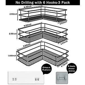 Purdaz Corner Shower Caddy,3 Pack Adhesive Large Shower Caddy with Movable 6 Hooks Shower Shelves No Drilling Rustproof Shower Shelf for Bathroom Shower Storage for Inside Shower Organizer,Black