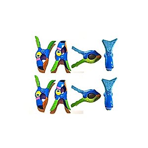 4 Set (8 Ct) 2X Blue Toucan / 2X Bubble Fish Beach Towel Clips Jumbo Size for Beach Chair, Cruise Beach Patio, Pool Accessories for Chairs, Household Clip, Baby Stroller