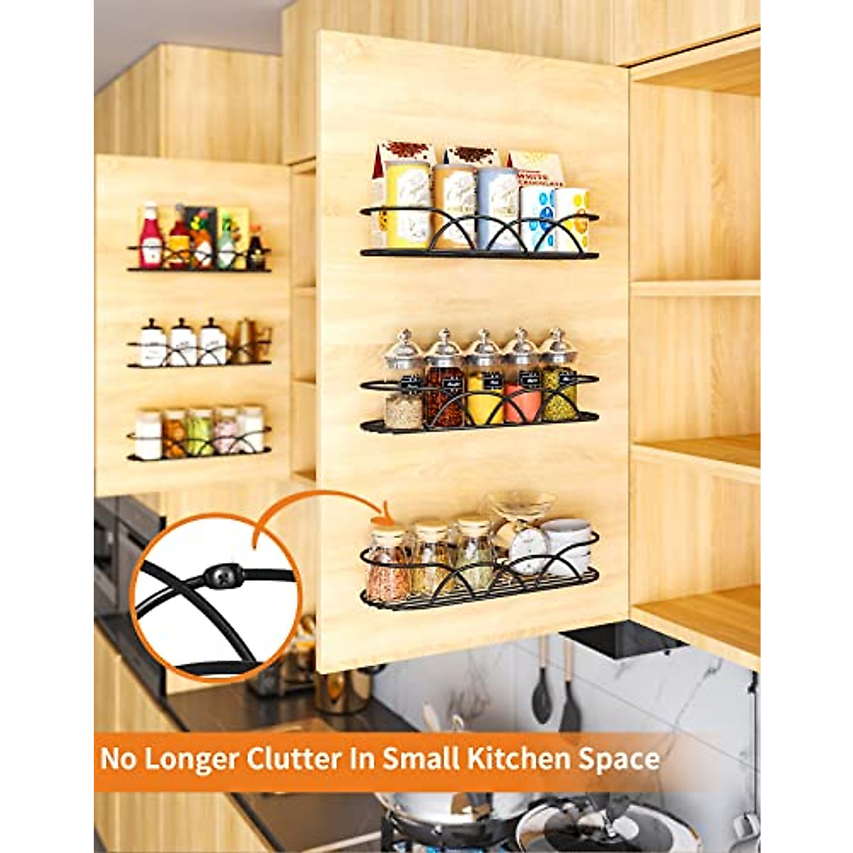 SWTYMIKI 6 Pack Spice Rack Wall Mount Rainbow Design Hanging Spice Shelf Organizer for Cabinet Strong & Stable Metal Seasoning Organizer for Kitchen Cabinet Wall and Pantry Organization Storage,Black