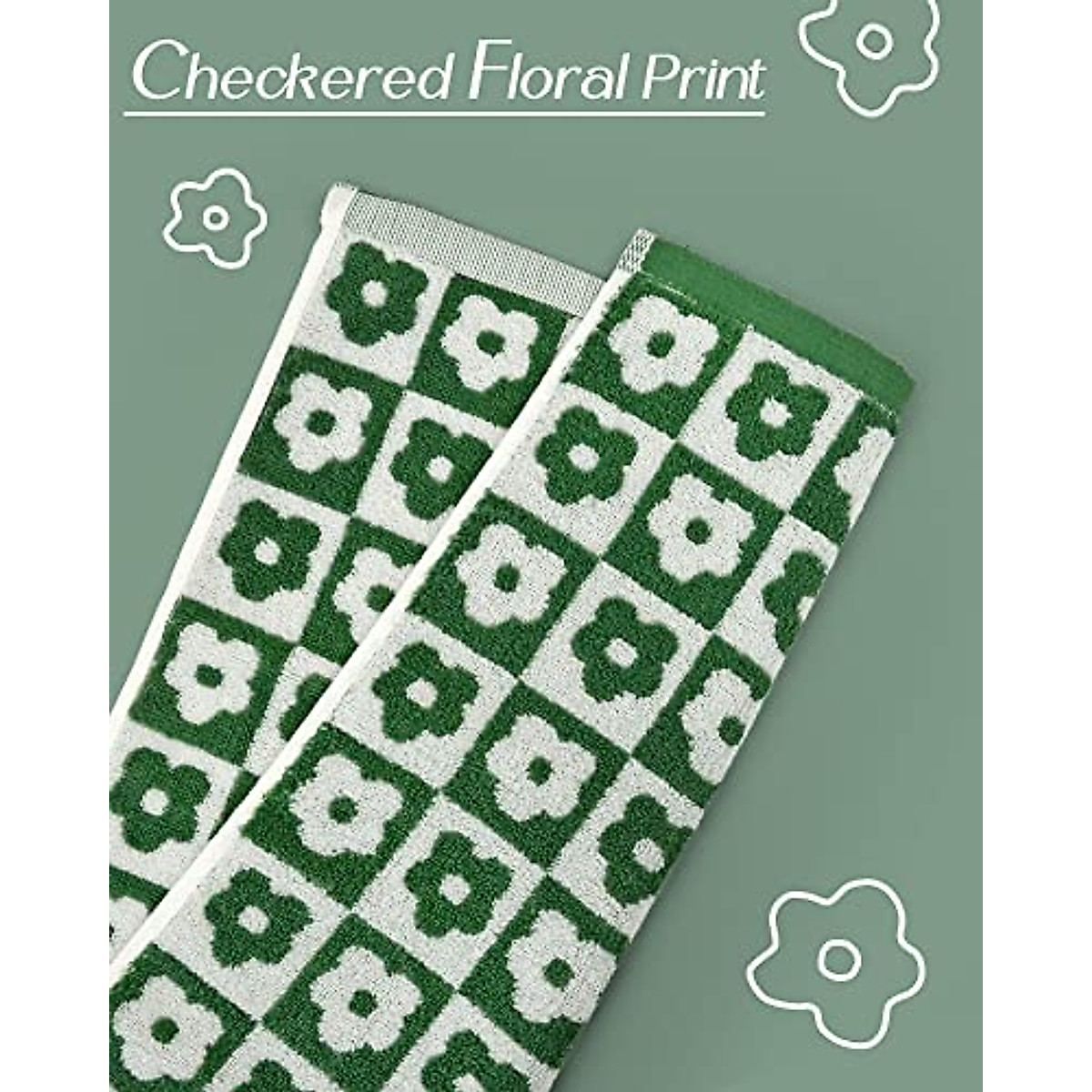 Hand Towels Checkered Floral - Set of 4 Soft Face Towels for Bathroom, Large Size 13” x 29”, Dark Olive Green