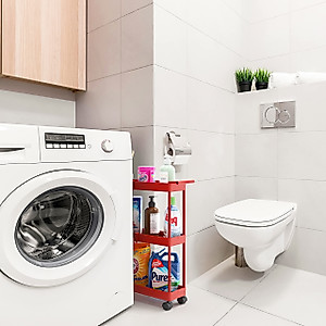 SimpleHouseware Kitchen Cart Storage 3-Tier Slim/Super Narrow Shelves with Handle, 26.5'' Height/5.5'' Width for Narrow Place, Red