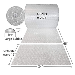 UOFFICE Roll of Bubble Cushioning Wrap - 24" Wide x 260 Ft - Large 1/2" Bubbles