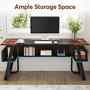 Tribesigns 63 inch Computer Desk Modern Office Desk with Shelf for Home Office, Large Writing Table Wood Business Workstation with Storage Shelves and Sturdy Metal Frame for Study Bedroom, Black Brown