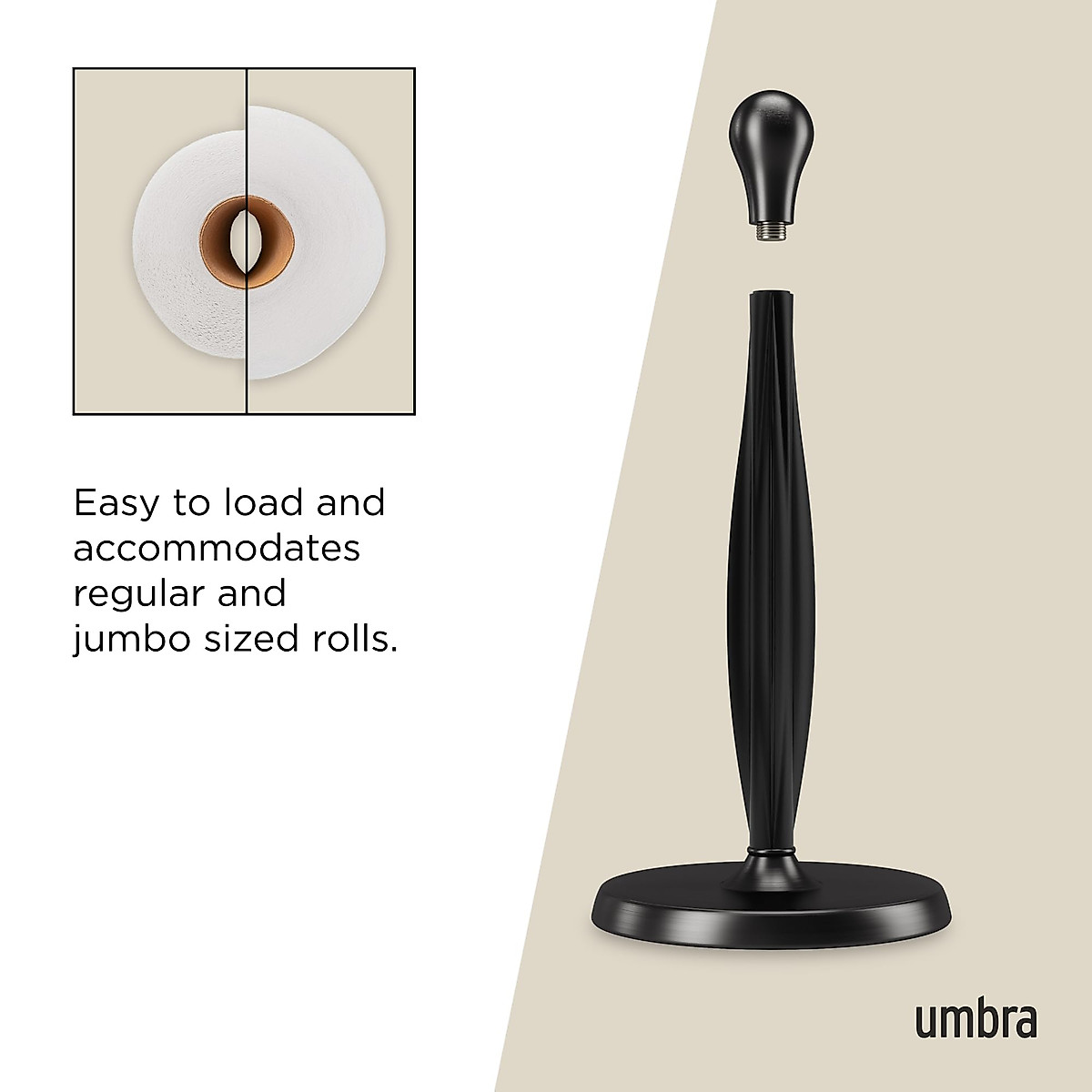 Umbra Tug One-Handed Tear Modern Paper Towel Holder, Black