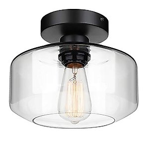 MAXvolador Industrial Semi Flush Mount Ceiling Light, Clear Glass Pendant Lamp Shade, Farmhouse Lighting for Porch Hallway Kitchen Bedroom, Vintage Hanging Light Fixtures, Bulb Not Included