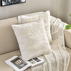 YUSOKI Luxury Faux Fur Throw Pillow Covers-18 x18,Set of 2-Boho Furry Fuzzy Fluffy Cozy Pillow Cases for Sofa Couch Bedroom Without Insert(Ivory,18"x18")