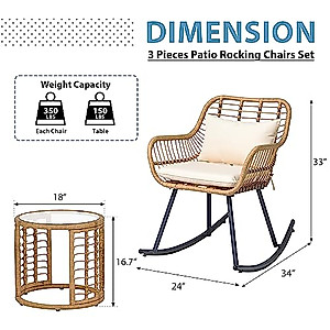JOIVI Outdoor Furniture Rocking Chairs Set, 3 Piece Wicker Patio Rocking Chairs and Side Table Set, Outdoor Bistro Conversation Set for Porch, Balcony, Poolside, Yard, White Cushions
