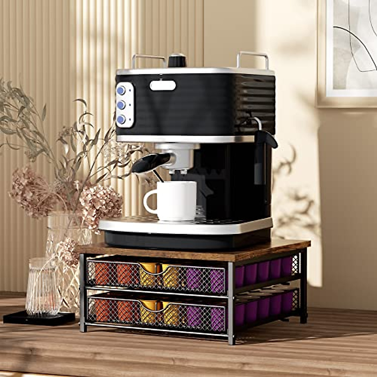Coffee Pod Drawer K Cup Organizer 2-Tier Coffee Pod Storage Holder with Drawer Baskets 72 Capacity Coffee Capsule Storage Organizer Drawer, Industrial Brown and Black