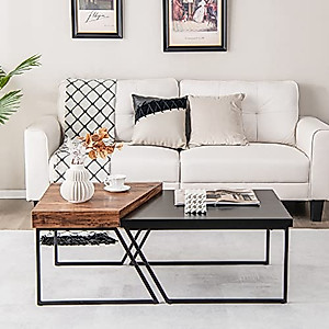 Giantex Stacking Coffee Table Set of 2, Black & Brown Modern Side Table with Powder Coated Metal Legs, Trapezoid Nesting Table for Living Room, Office, Bedroom, Black + Brown