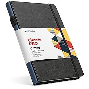 Thick Dotted Journal - A5 Hardcover Bullet Notebook Journals - Premium 120 GSM Ink-Proof Paper with 5mm Dot Grid, Page Numbers, Pen Holder, Pocket and Ruler - Dot Notebooks for Men and Women (Black)