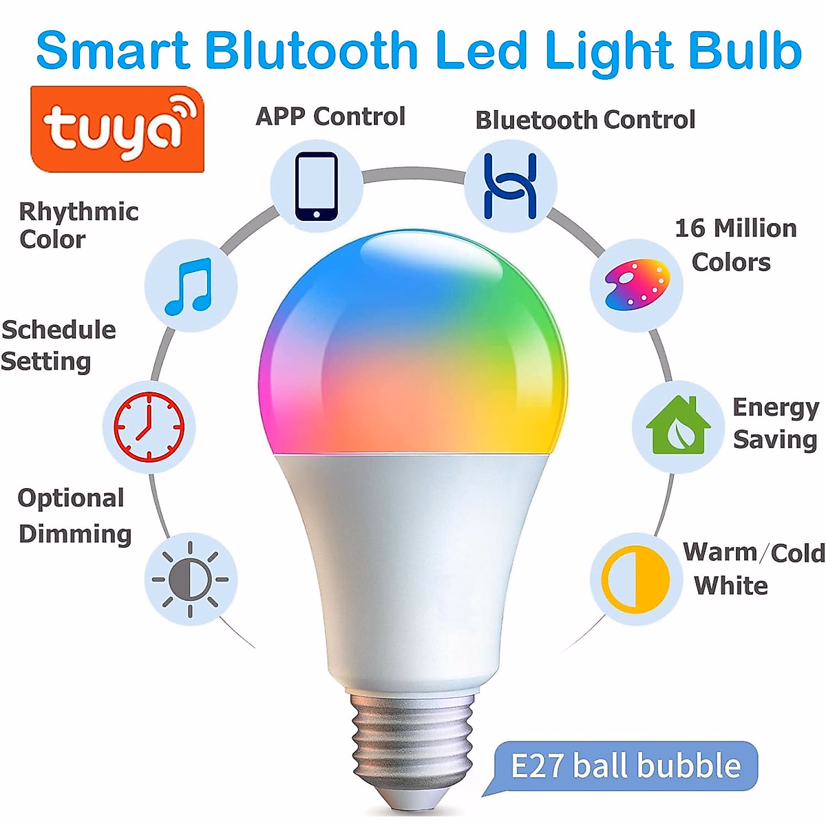 AFINSEA Smart Light Bulbs,Bluetooth Color Changing Light Bulbs That Work with tuya APP,9W Warm White 6500K,A19 E27 RGBW Colored Bulb,Music Sync,Dimmable 16 Million Colors Light Bulbs-1 Pack