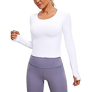 CRZ YOGA Long Sleeve Crop Tops for Women Workout Cropped Top Yoga Slim Fit Athletic Gym Shirts with Thumb Hole White Small