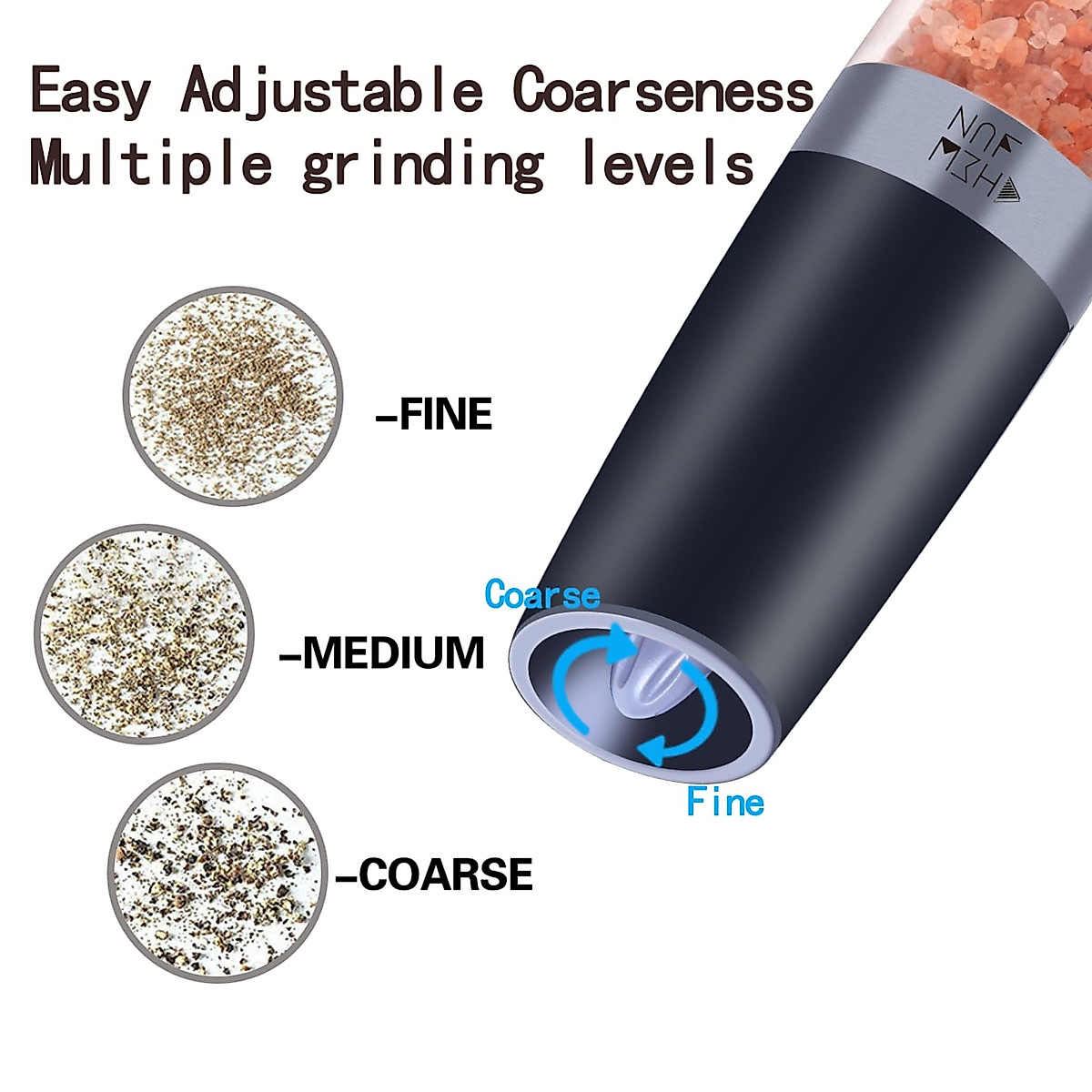 Gravity Salt and Pepper Grinder Set with Adjustable Coarseness Automatic Pepper and Salt Mill Set Battery Powered with Blue LED Light,One Hand Operated,Brushed Stainless Steel by CHEW FUN