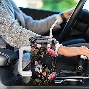 Cute Possum Flowers 40 Oz Stainless Steel Cup Travel Tumbler with Handle and Straw Lightweight Coffee Mug for Home Office