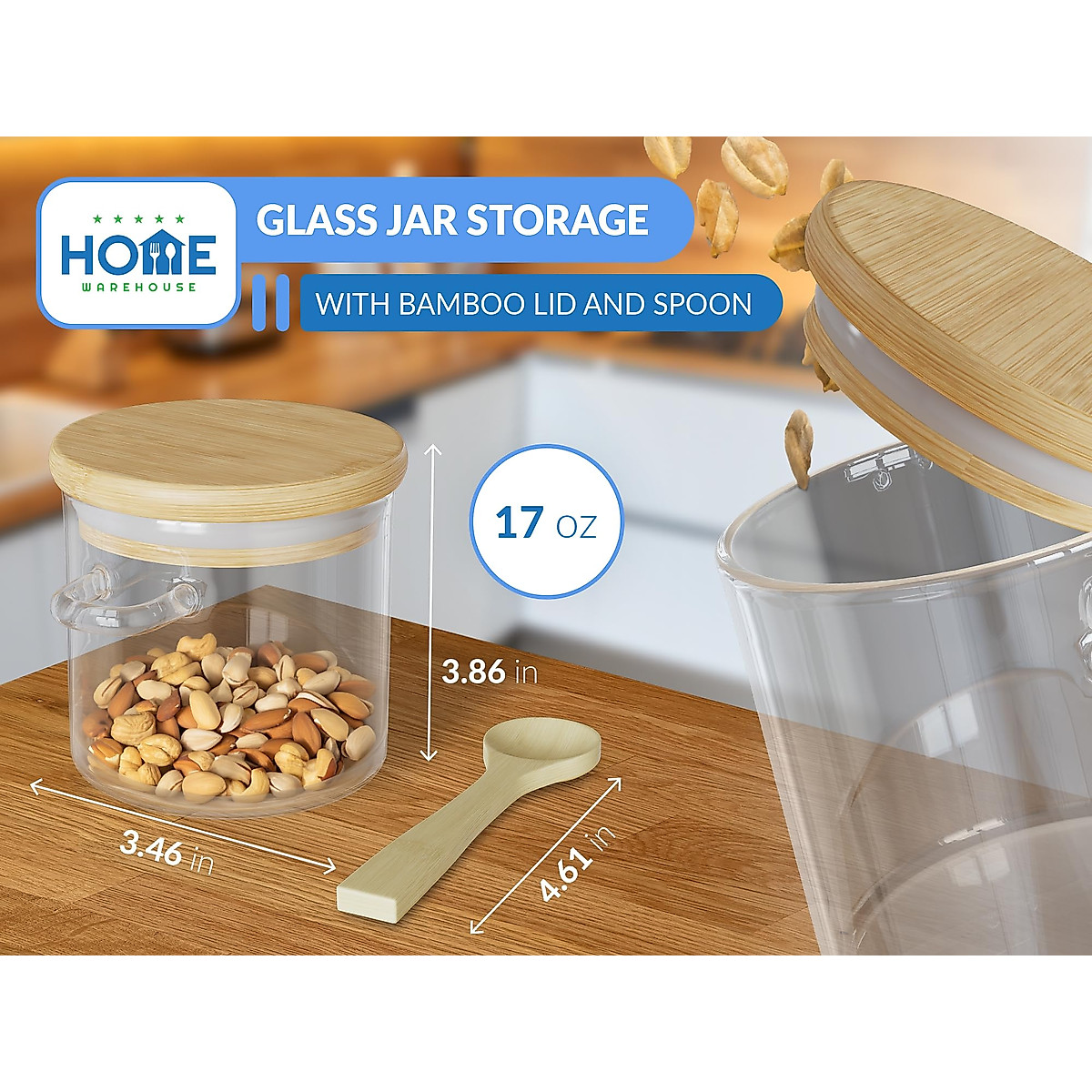 Home Warehouse - Borosilicate Glass Jar Storage with Bamboo Lid and Spoon | Easy to Clean | Premium Kitchen Organization Solutions | 500ml | 17 oz