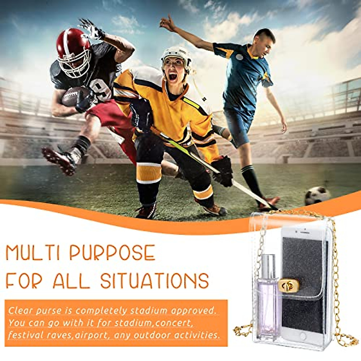 2 Pcs Clear Bag Stadium Approved Small Clear Purses PVC Plastic Bag for Women Girls Men Sporting Concert (Gold Glitter, Simple Style)