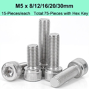 HanTof 75Pcs Hex Socket Head Cap Screws Bolts, 304 (18-8) Stainless Steel, Metric M5 x 8/12/16/20/30mm Allen Head Hex Drive Machine Screws Set with Hex Wrenches, Fully Threaded Pitch: 0.8mm