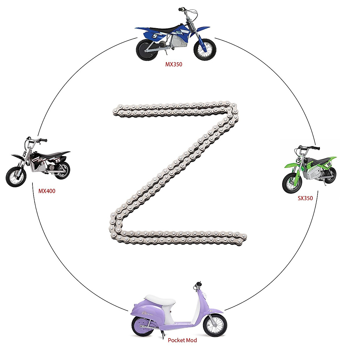 KAMIER 25H Drive Chain 126 Link for Razor MX350 MX400 ZR350 SX350 McGrath Dirt Rocket Bike Kids Electric Pocket Mod Mini Euro Bella Vapor Sweet Pea Scooter Motovox MBxXSe MotoTec MT-MB Mini Bike Parts