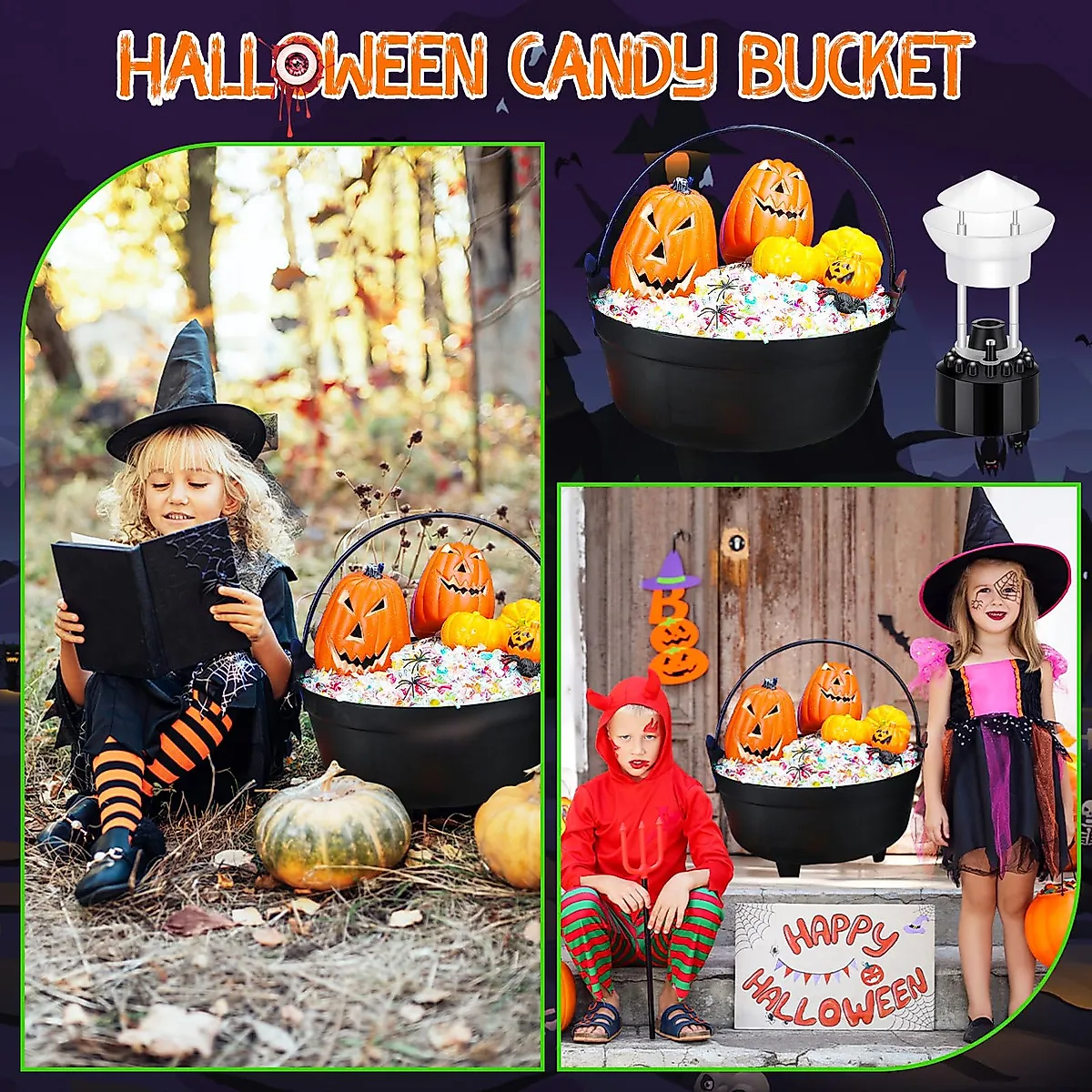 Mifoci 4pcs 14'' Plastic Halloween Cauldron Bowl with 12 LED Lights Mist Maker, Black, 16.0 oz, for Decoration and Favor