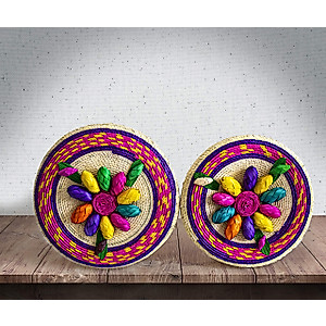 2-Pack Genuine Mexican Handwoven Tortilla Basket, Fiesta Mexican Tortilla Warmer, Tortilla Holder, Tortillero, Palm Straw Baskets Handmade in Mexico, Mexican Bowls (1, Floresita)