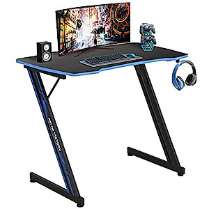 HKLGorg Gaming Desk 39" Computer Desk Gaming Table Writing Table Modern Ergonomic Racing Style Home Office Desk Workstation Carbon Fiber Headphone Hook for Men Boyfriend Female Gift- Blue