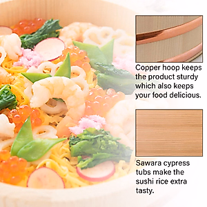 TIKUSAN Wooden Hangiri Sushi Rice Mixing Tub Copper Band with Lid Made in Japan Made of Sawara Cypress Sushi Rice Bowl Sushi Oke (10.6" (27cm))